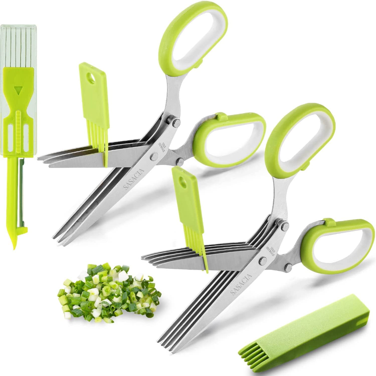 2-Pack Herb Scissors Set with 5 Blades & 3 Blades, Green Stainless ...