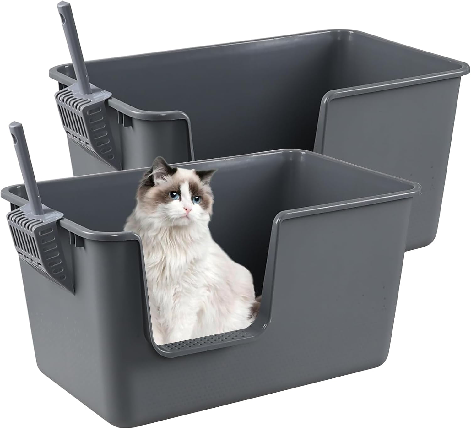 2-Pack High Side Plastic Cat Litter Box, Large Cat Litter Box Basin ...