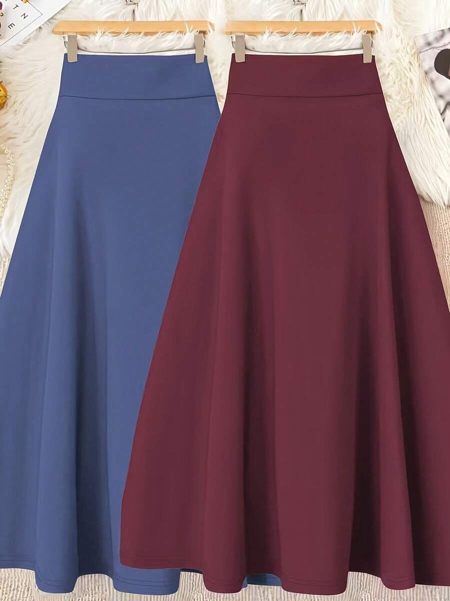 2 Pack High Waist Stretch Flared Midi Skirts In Light Blue + Burgundy ...