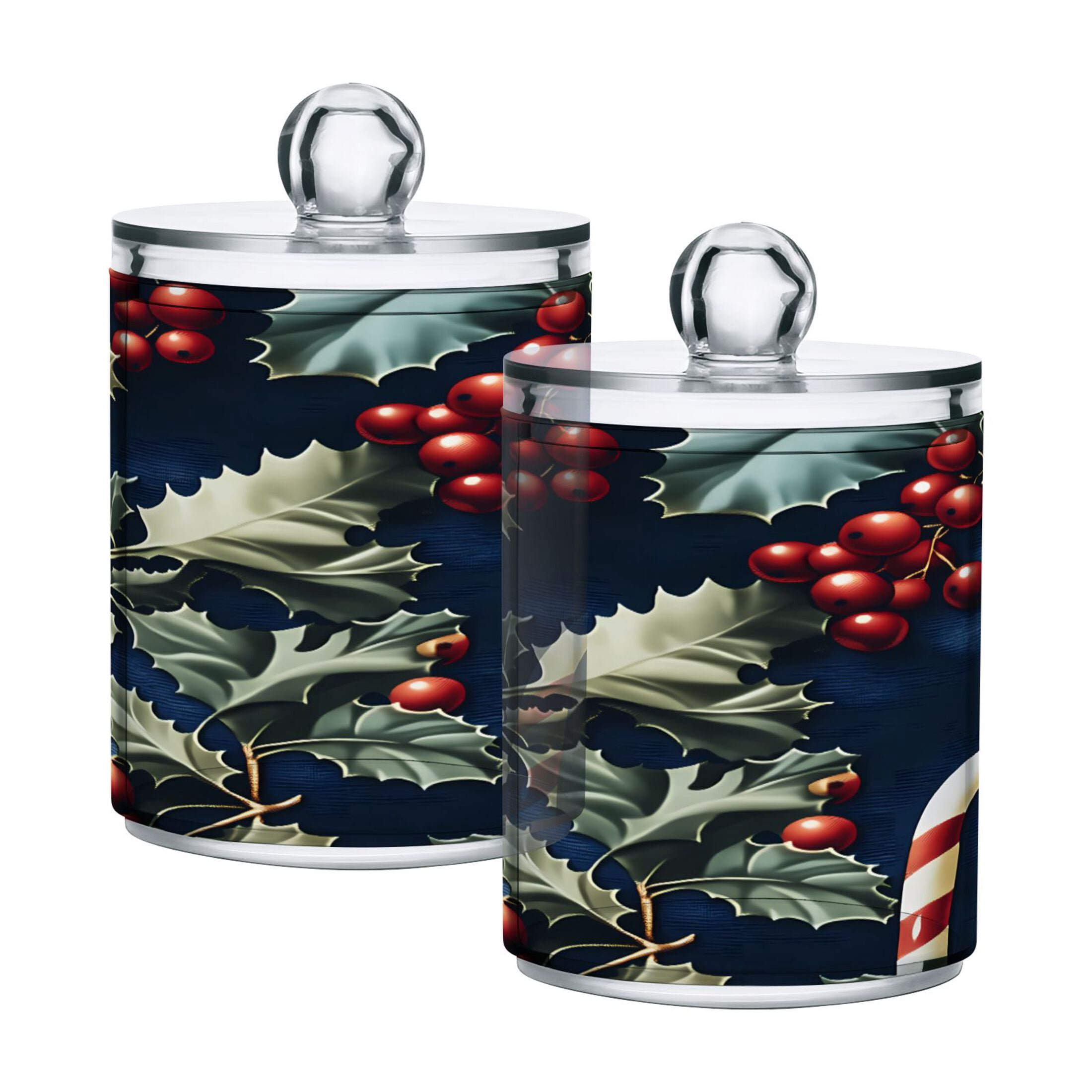 2 Pack Holly Leaves Berries Candy Canes Qtip Holder Dispenser Clear ...