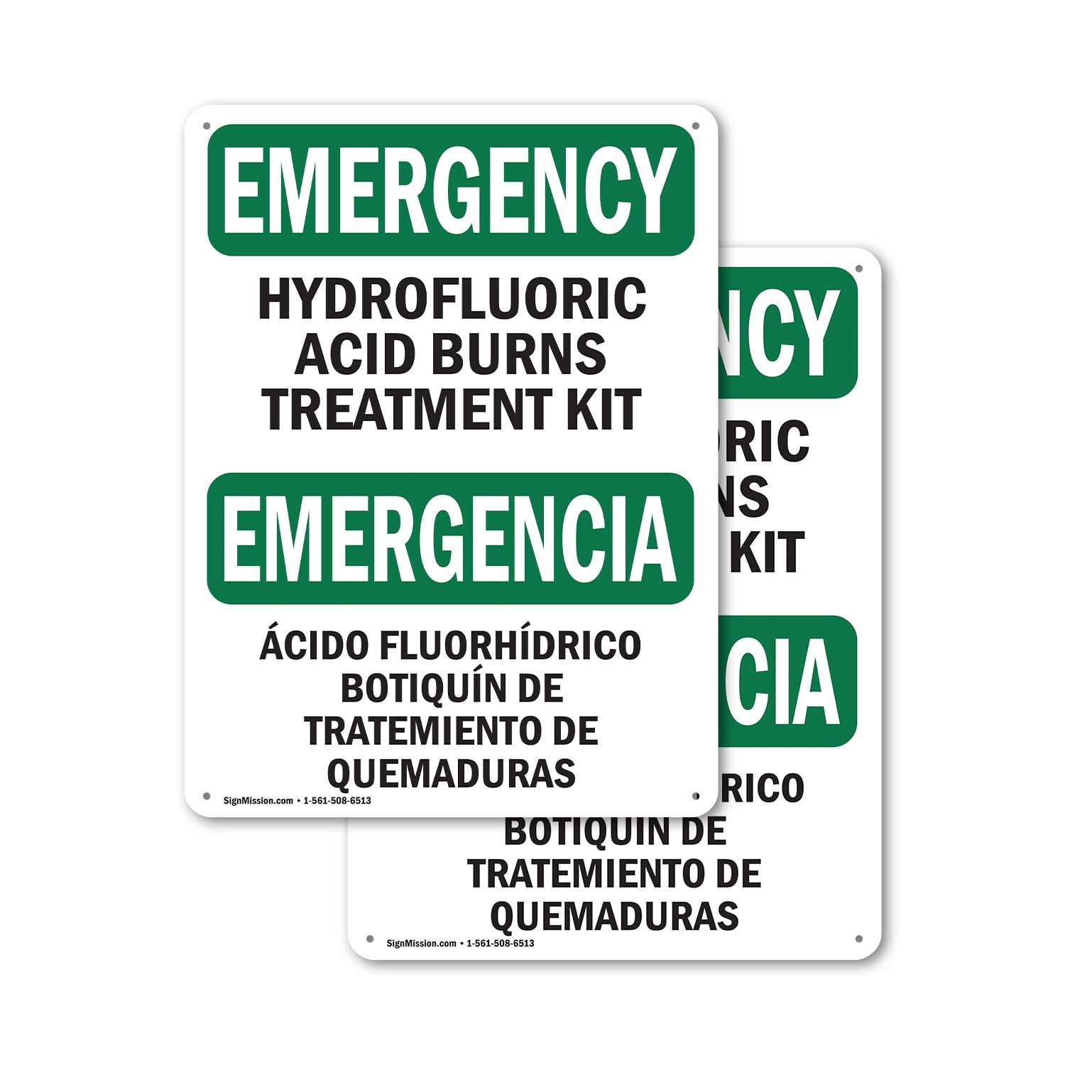 (2 Pack) Hydrofluoric Acid Burns Kit Bilingual OSHA Emergency Sign 7 ...