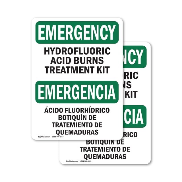 (2 Pack) Hydrofluoric Acid Burns Kit Bilingual OSHA Emergency Sign ...