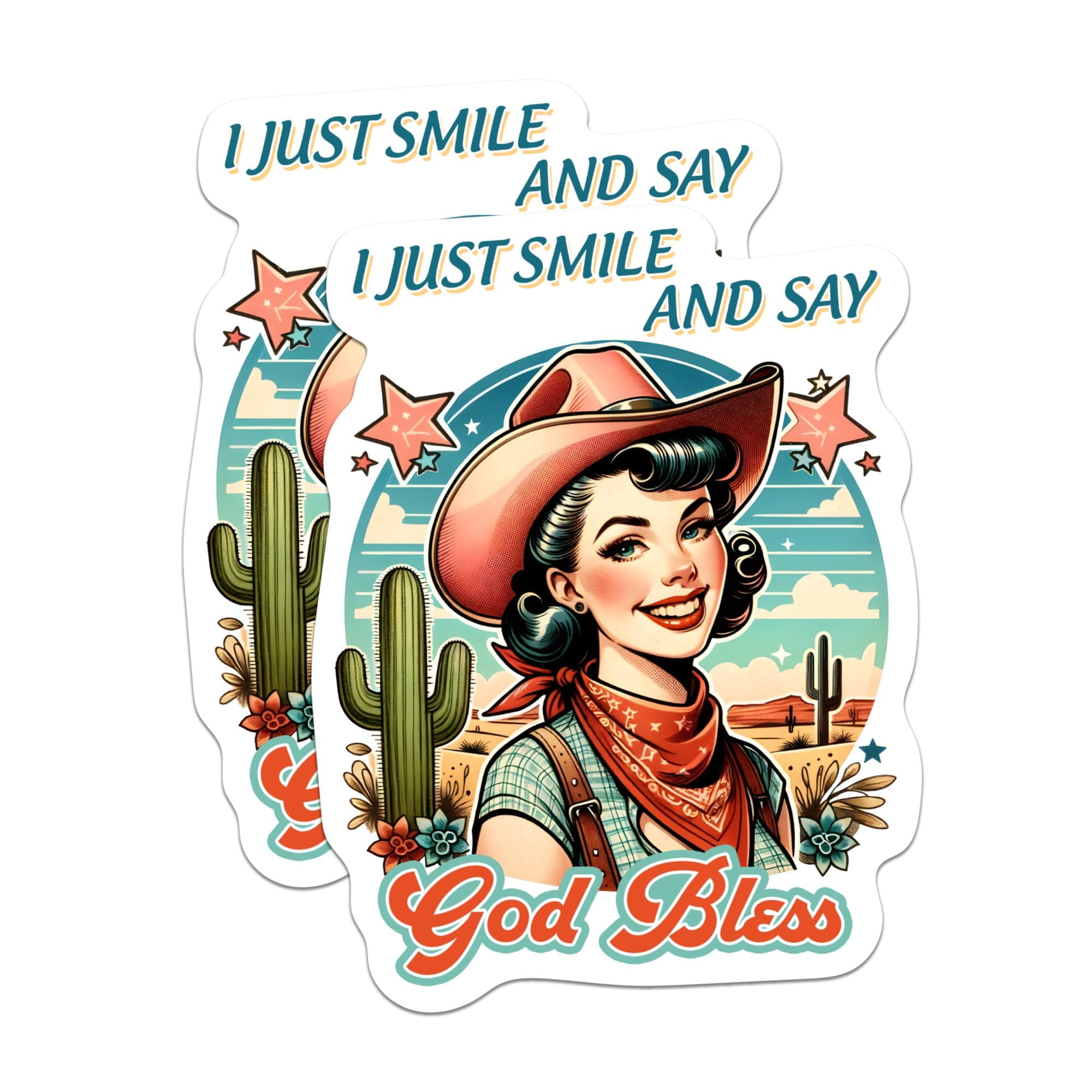 (2 Pack) I Just Smile and Say God Bless Stickers - Cowgirl Western Cactus Sticker - 5 Inches On ...