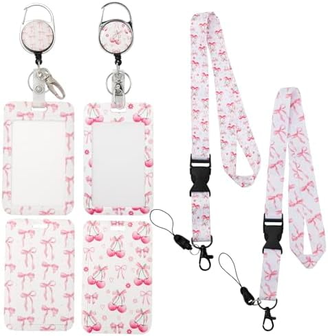 2 Pack ID Badge Holder with Retractable Reel Clip, Cute Pink Bows ...