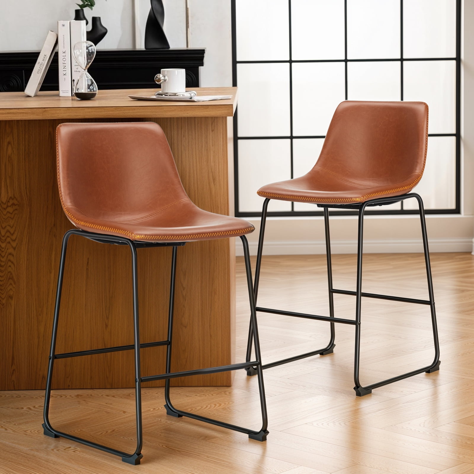 2-Pack Indoor Counter Bar Stools, Modern Metal Faux Leather Barstools ...