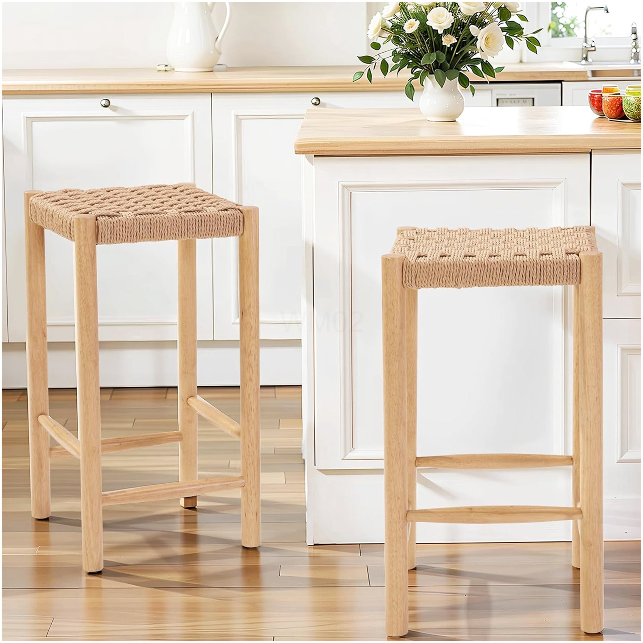 2-Pack Industrial Bar Stools with Kraft Paper Cord Seats & Rubberwood ...