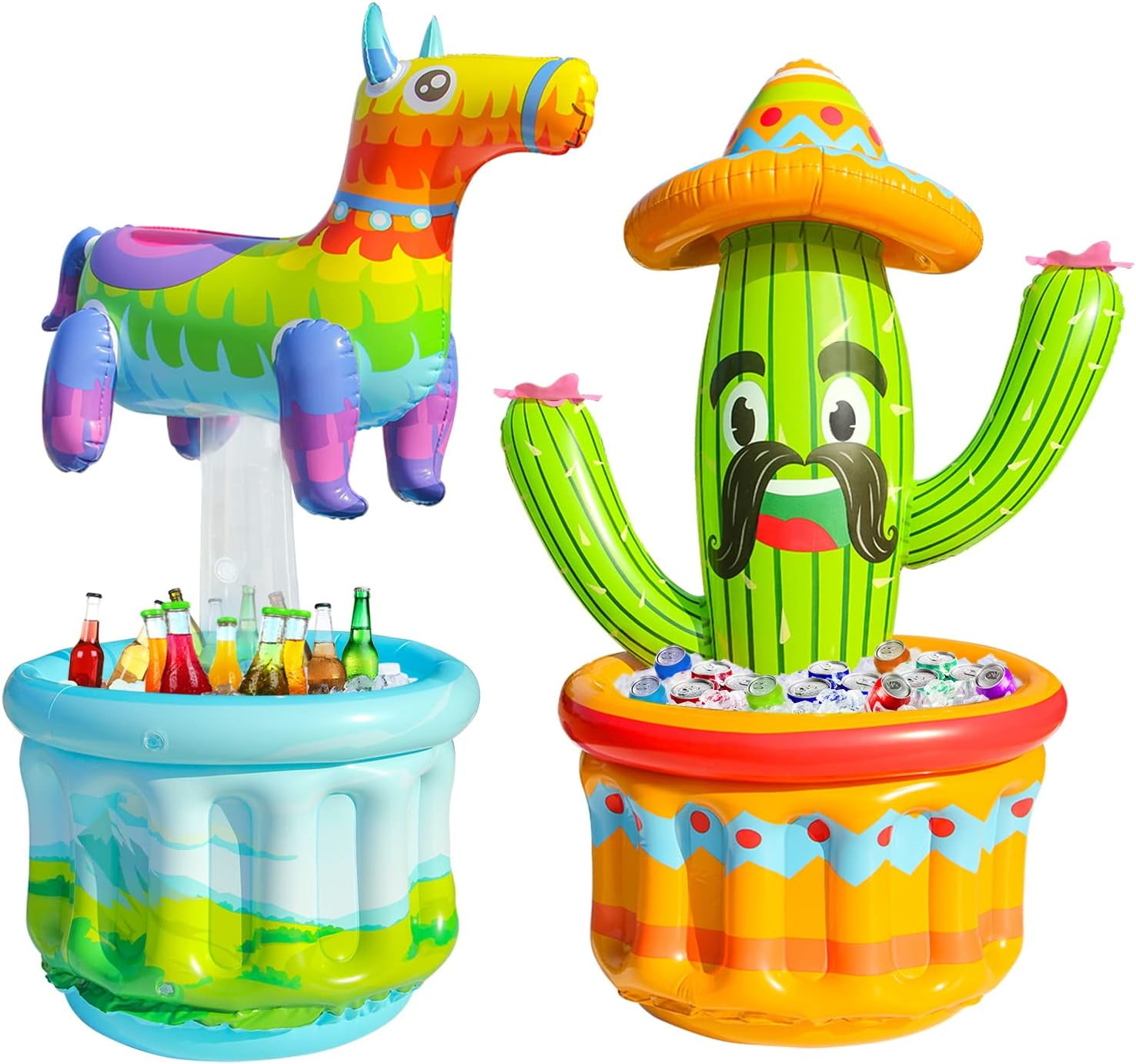 2 Pack Inflatable Cactus Cooler, 47.5'' Blow Up Pool Party Drink Cooler Ice Bucket with Sombrero ...