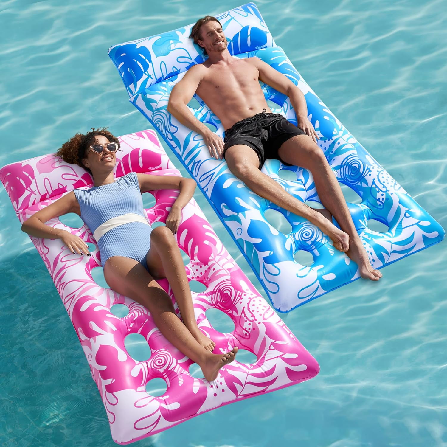 2-Pack Inflatable Pool Floats Mat - XL Pool Floaties Adults Size with Headrest, Sun Tanning Raft ...
