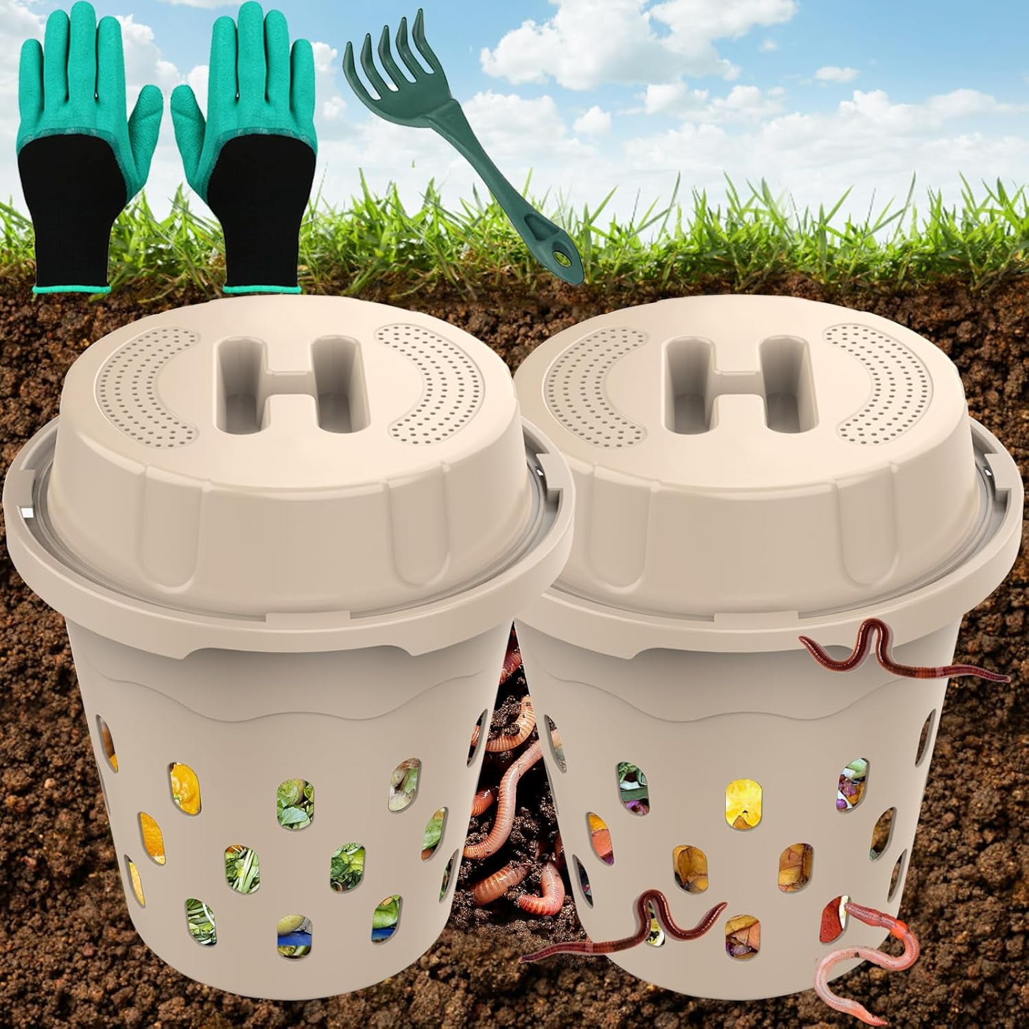 2-Pack Inground Worm Composter, Outdoor Worm Compost Bin for Garden ...