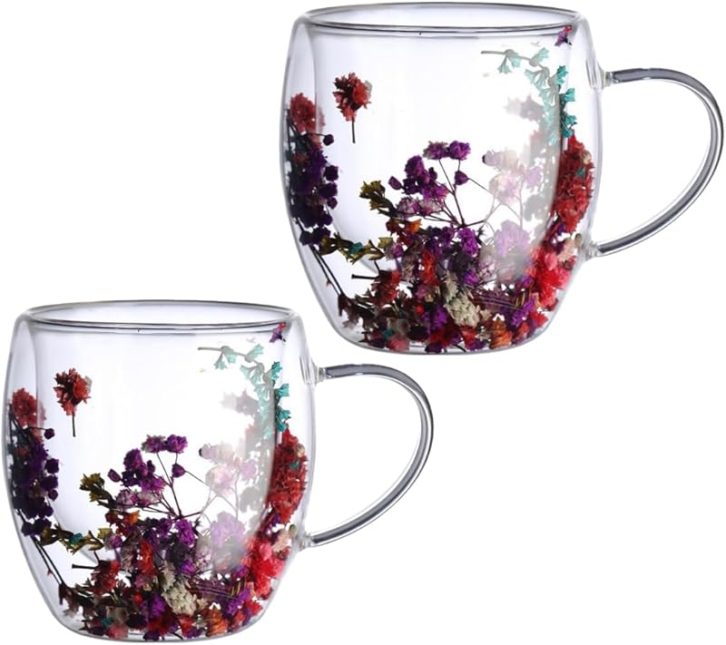 2-Pack Insulated Glass Coffee Mugs – Double Wall Flower Design Cups for ...