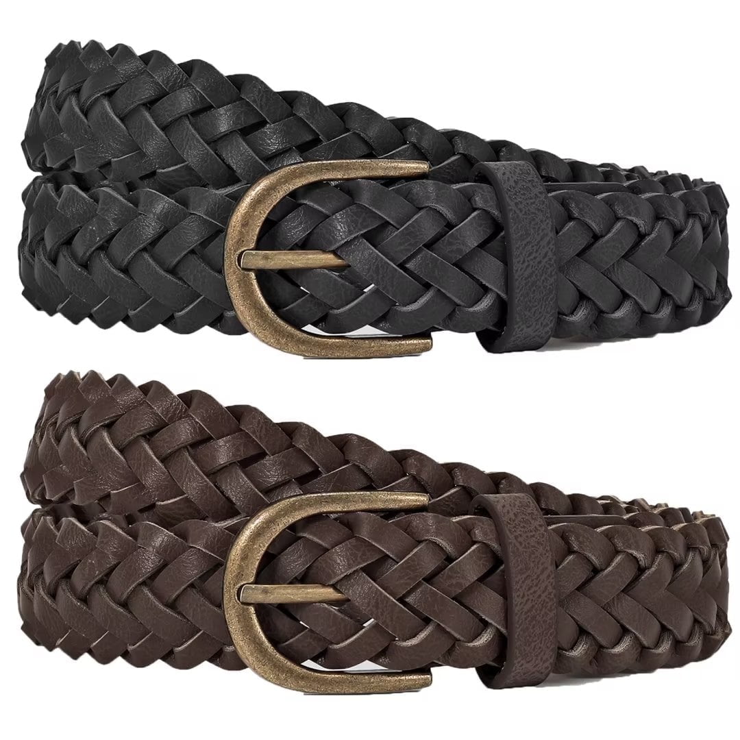 JASGOOD Women Braided Leather Belts, 2 Pack, Skinny Woven Belts for ...