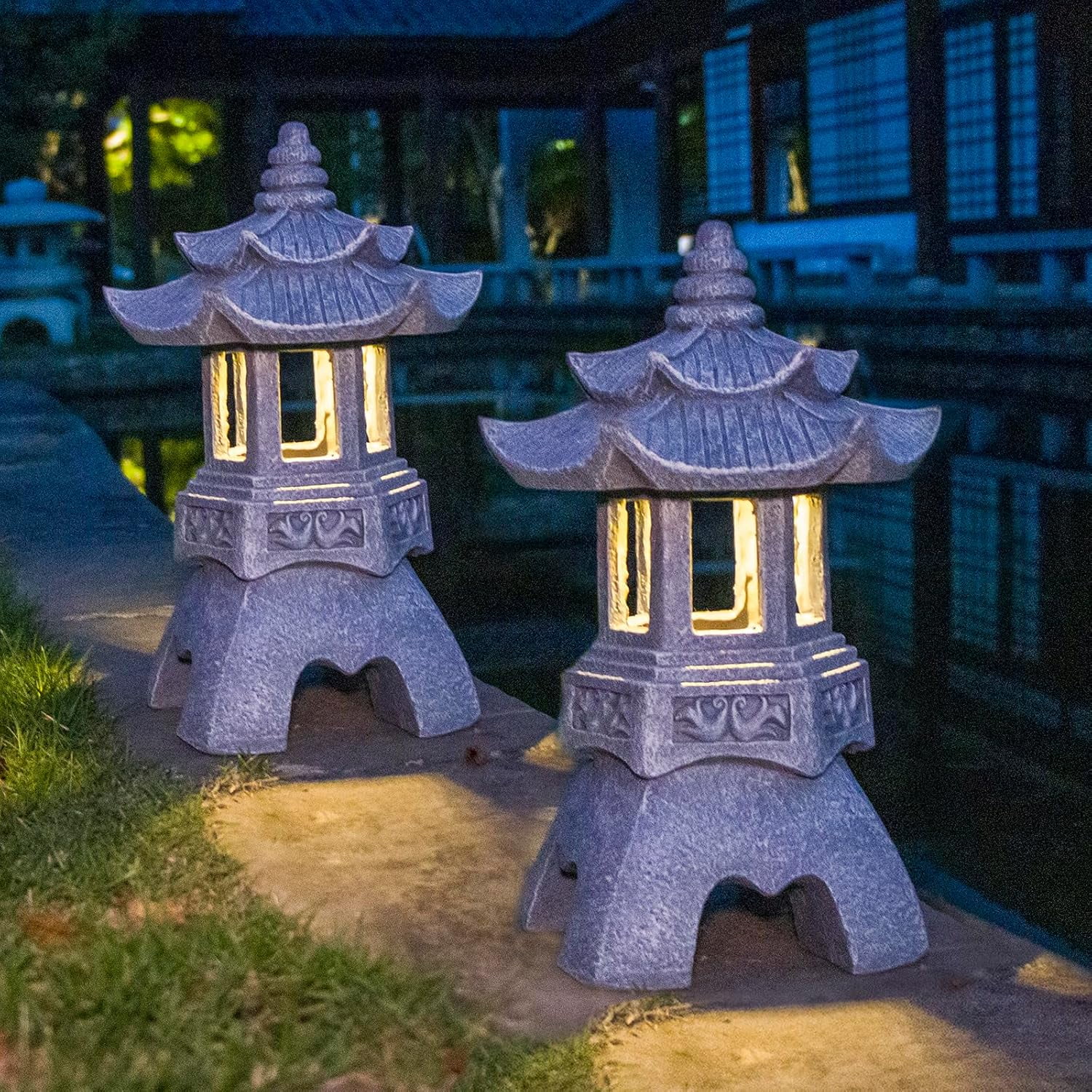 2 Pack Japanese Pagoda Garden Statues, Solar Lights for Patio Outdoor ...