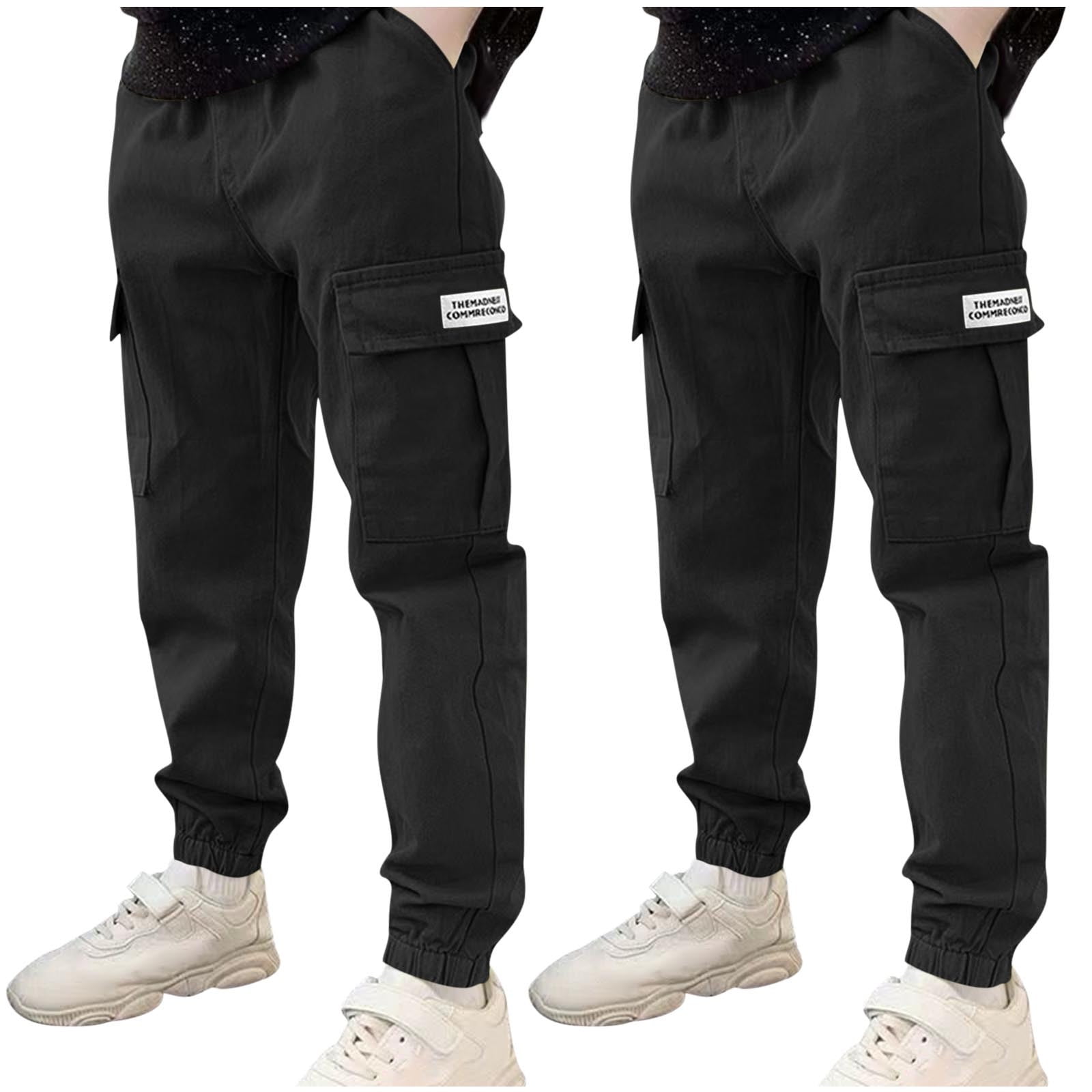 2 Pack Jogger Cargo Pants for Kids Elastic Waist School Pants Solid ...