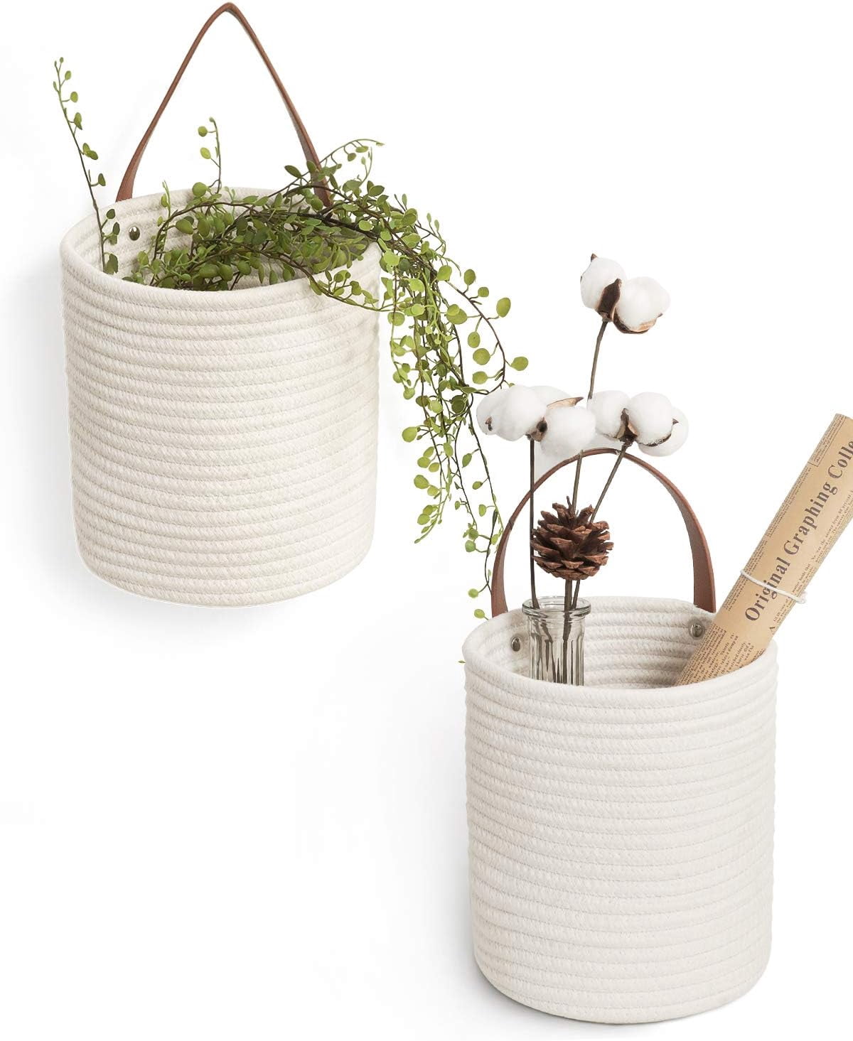 2 Pack Jute Hanging Baskets, Small Woven Boho Wall Hanging Rope Baskets ...