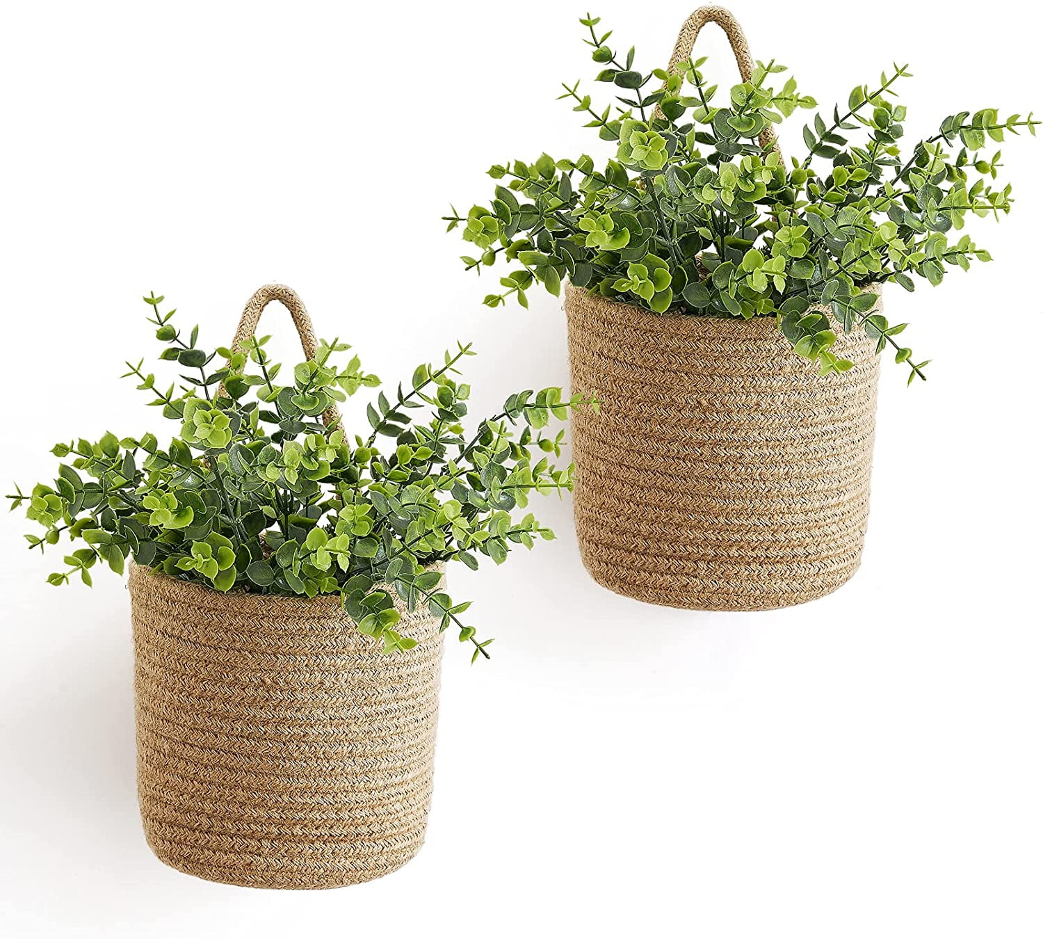 2-Pack Jute Woven Wall Hanging Rope Baskets With Artificial Eucalyptus ...