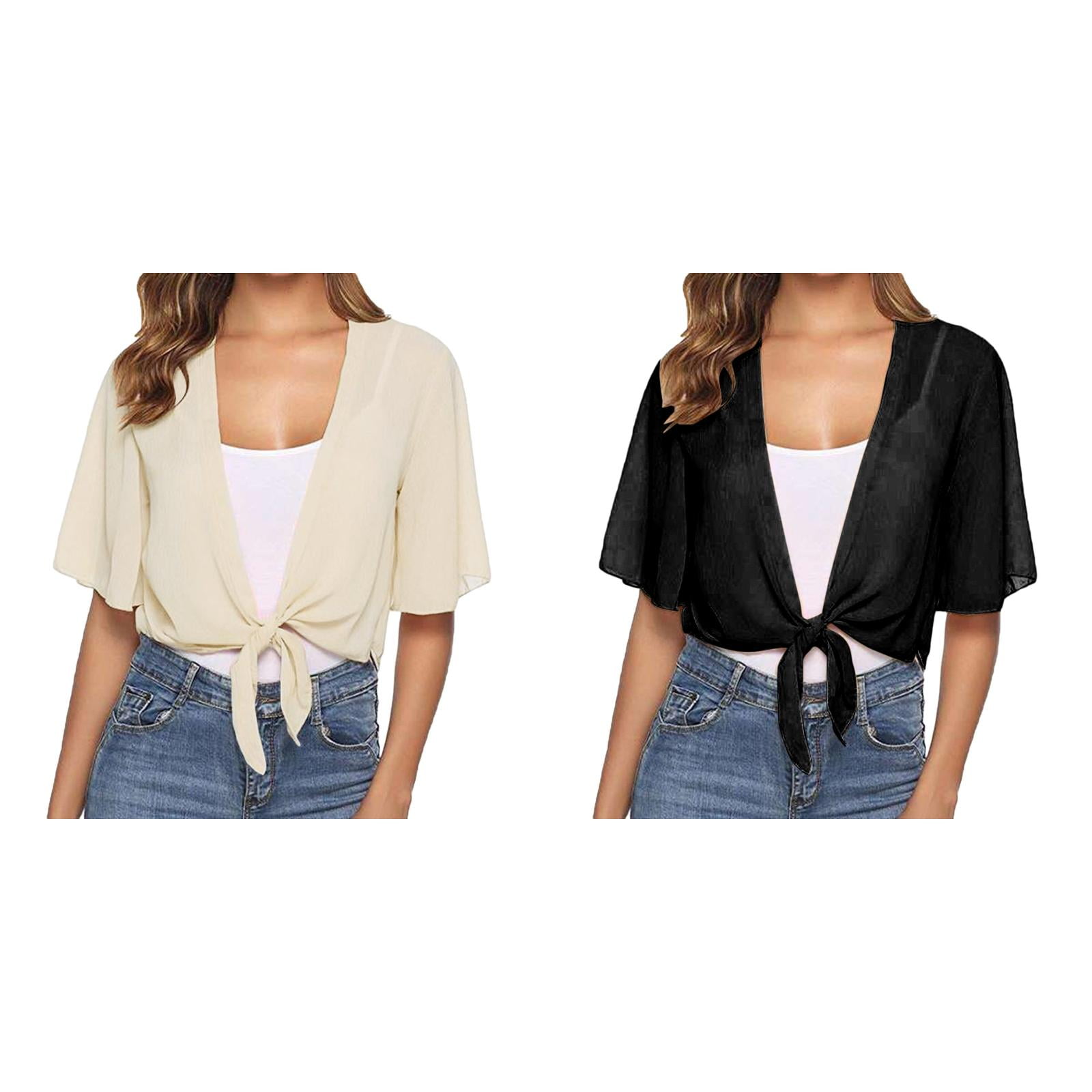 (2-Pack) Kcodviy Women Tie Front Chiffon Cardigan Short Sleeve Cropped ...