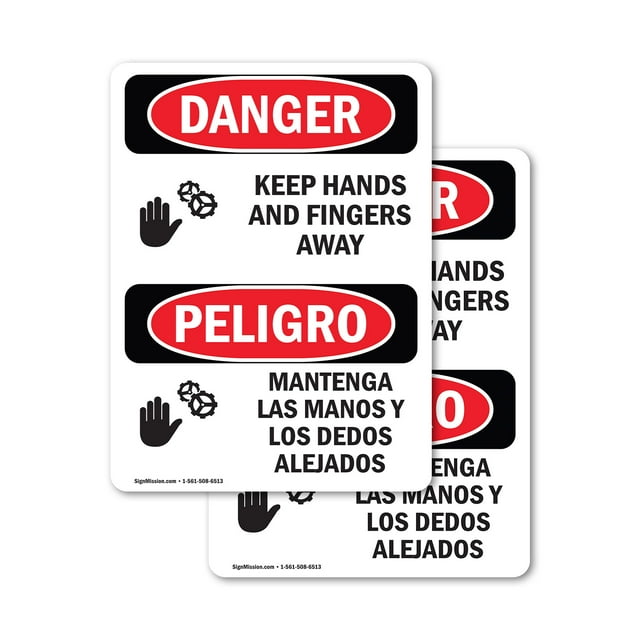 (2 Pack) Keep Hands And Fingers Away Bilingual OSHA Danger Sign ...
