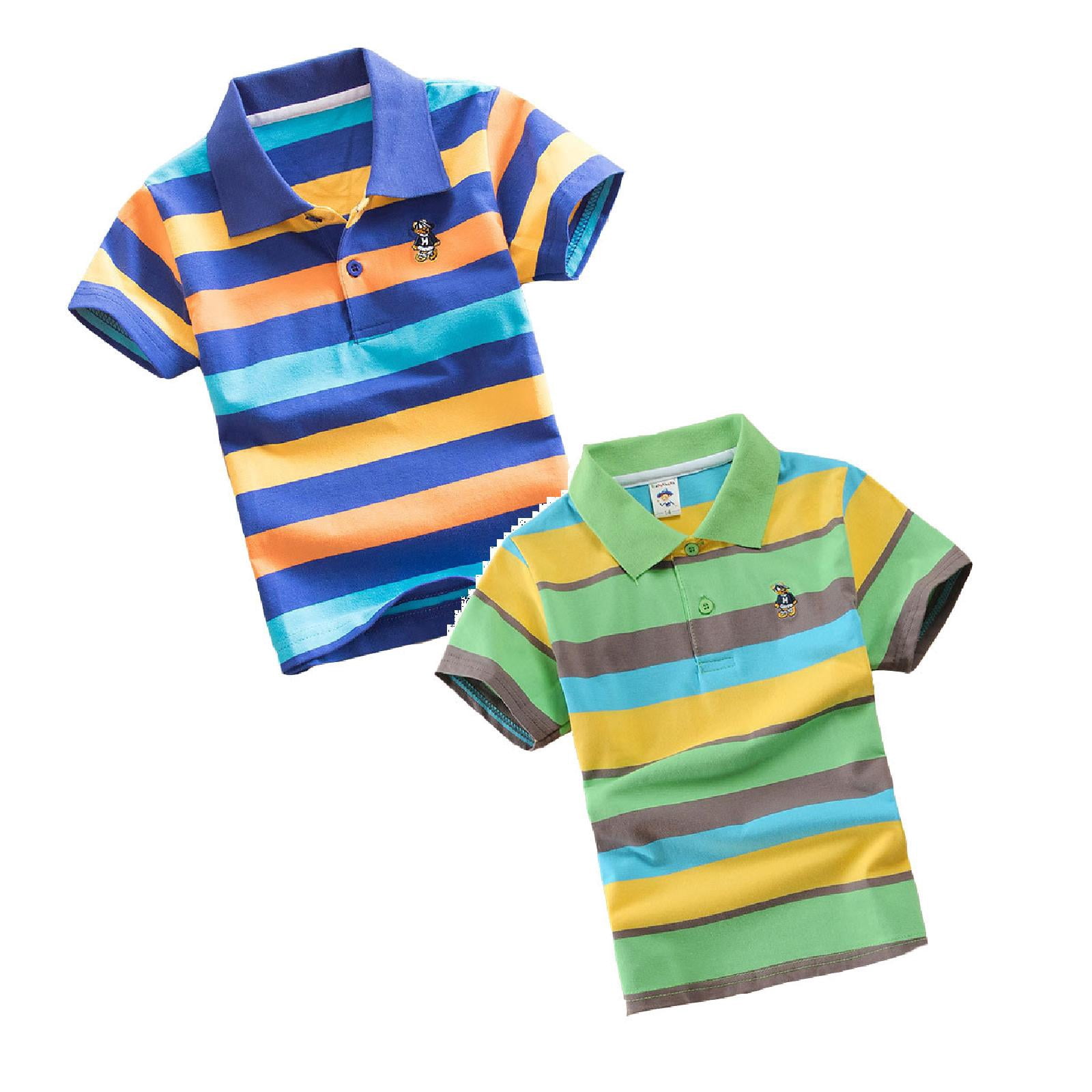 2-Pack Kid Boys Girls T Shirt Rainbow Striped Cotton Short Sleeve Lapel ...