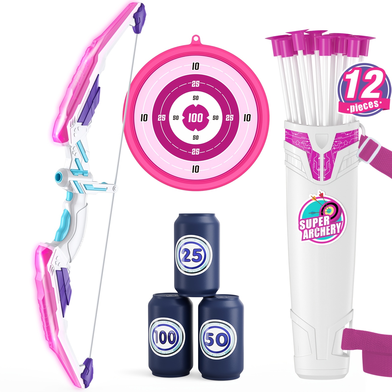 2 Pack Kids Bow And Arrow with 29" Large Dart Board, LED Light Up ...
