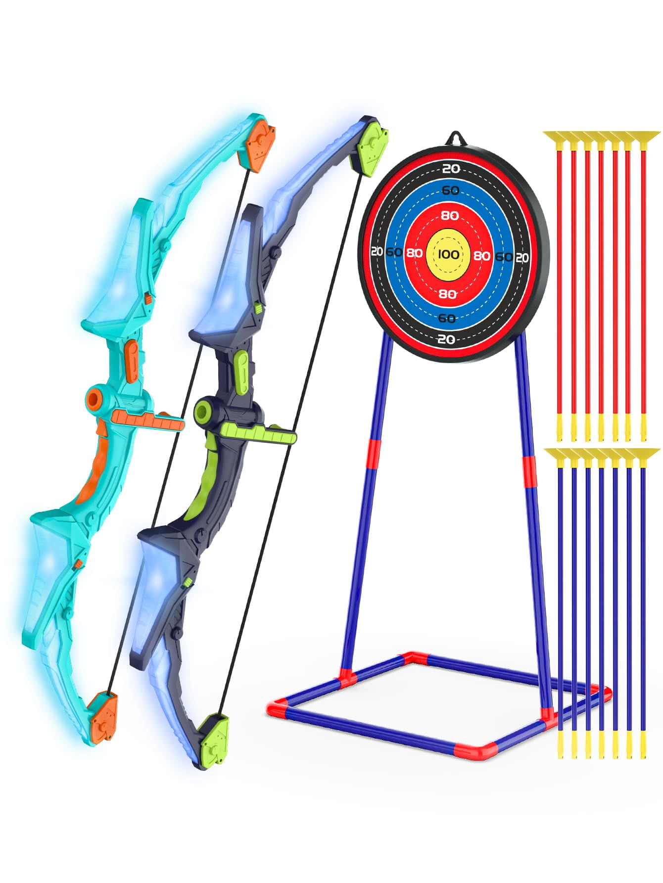 2 Pack Kids Bow And Arrow Set With LED Flash Lights, 14 Suction Cup Arrows And Fluorescence ...