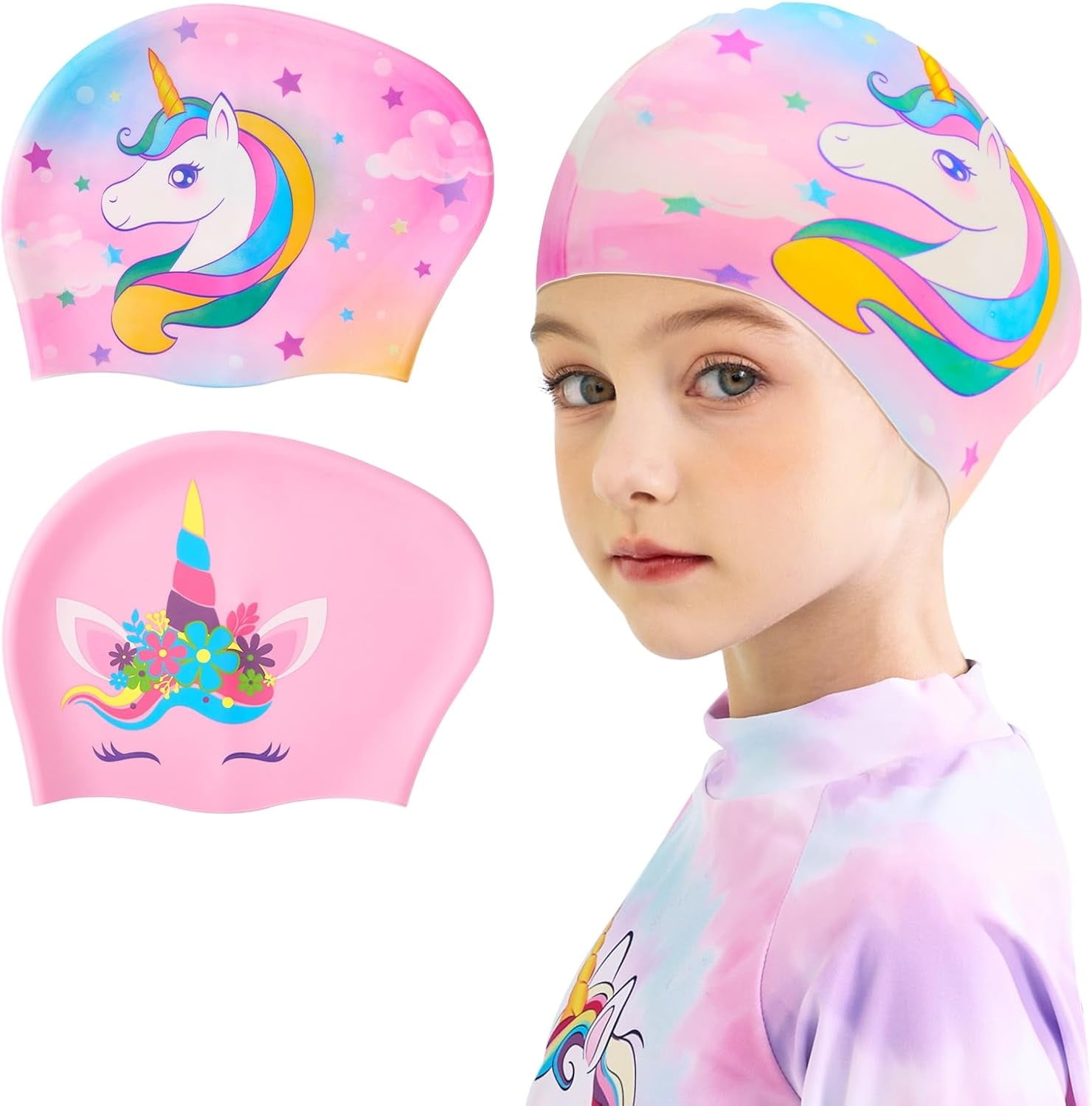 2 Pack Kids Swim Cap Silicone Waterproof Swim Caps for Boys Girls (3-8 ...