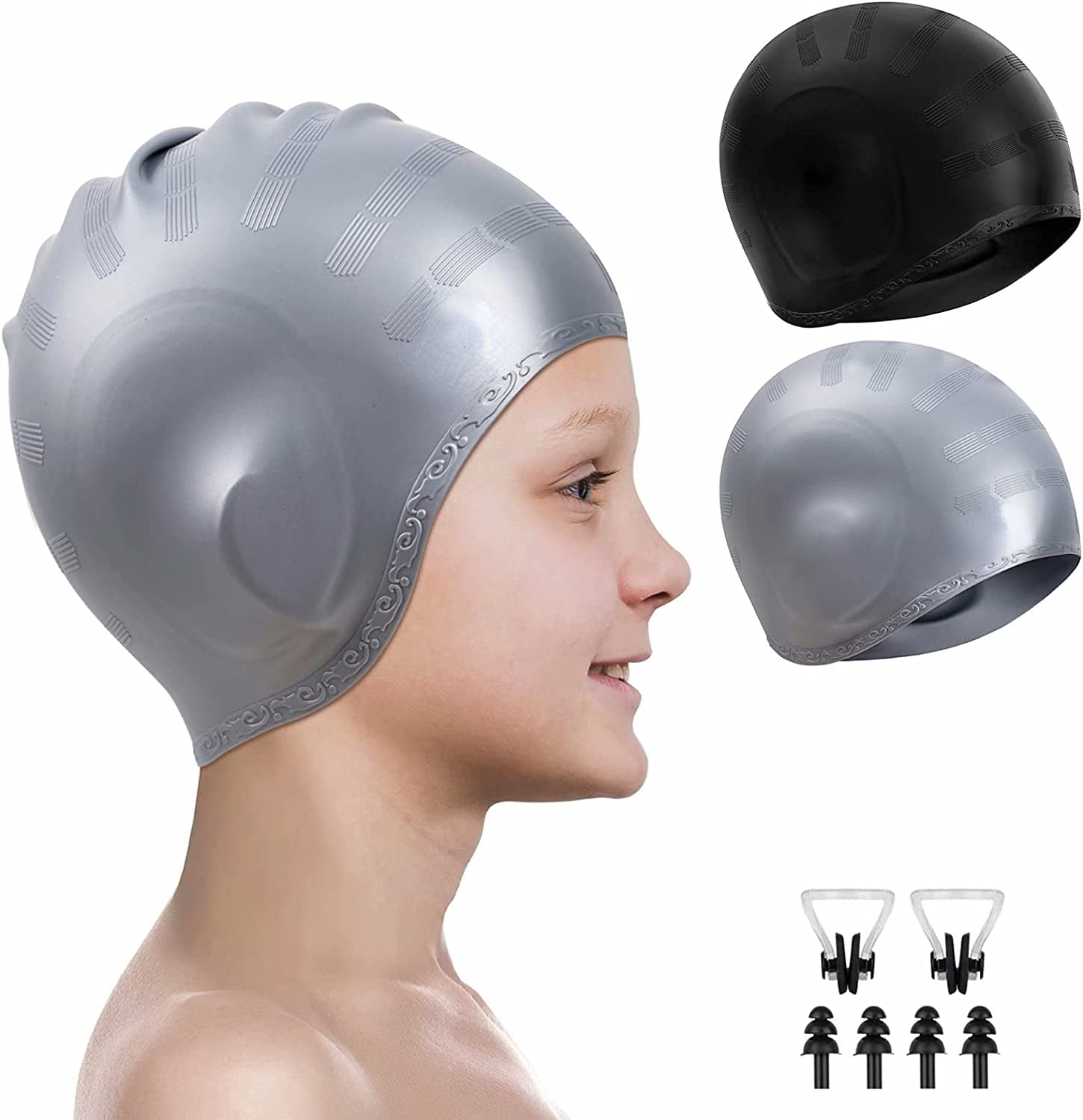 2 Pack Kids Swim Caps for Boys Girls, Durable Silicone Swimming Cap ...