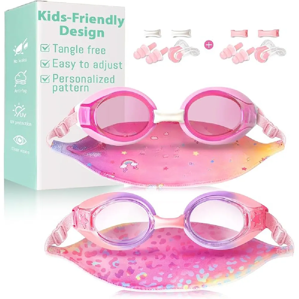 2 Pack Kids Swim Goggles with Fabric Strap for 3-15 Anti-Fog Anti-UV ...