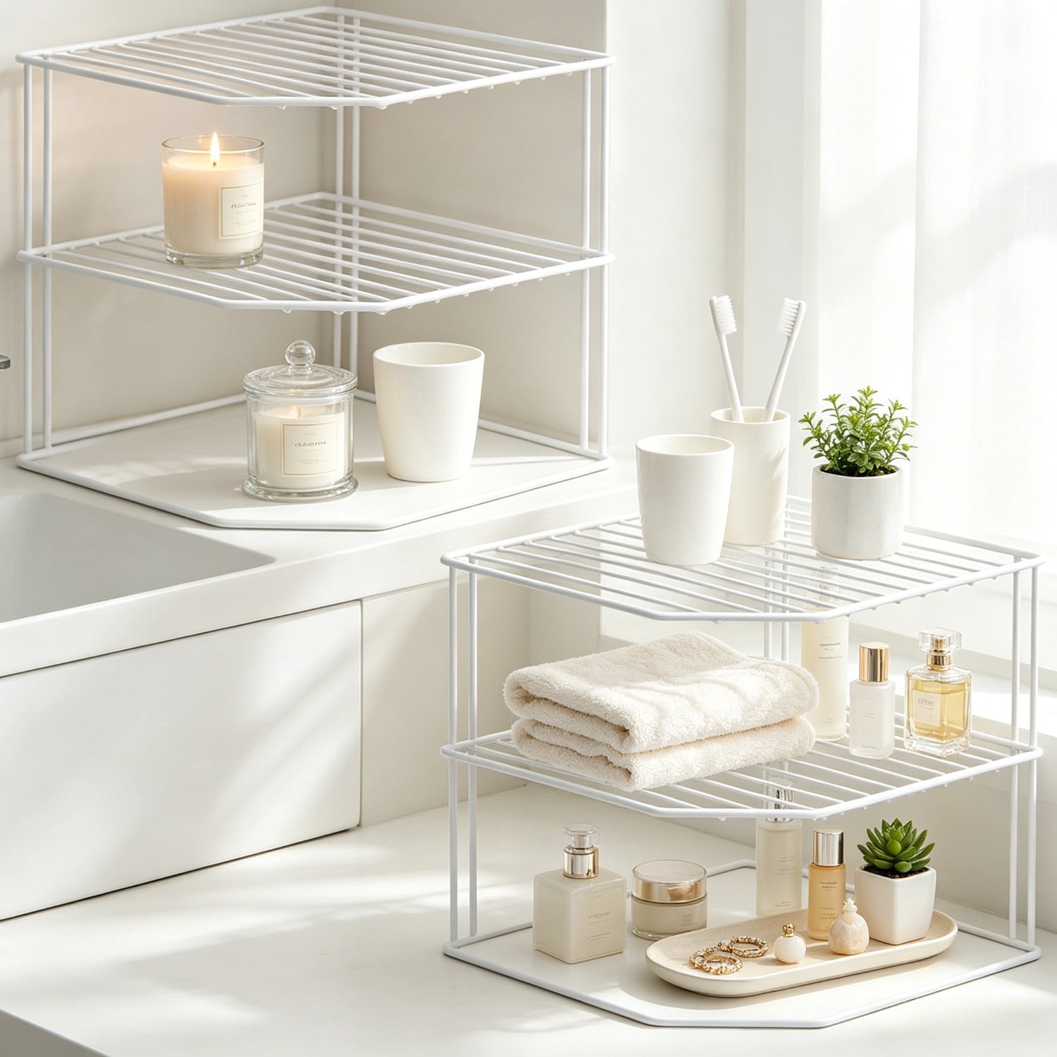 2 Pack Kitchen Cupboard Organiser, 3 Tier White Corner Plate Rack for ...