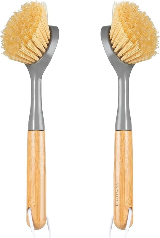 2 Pack Kitchen Dish Brushes with Bamboo Handle, Dish Scrubber Built-in ...