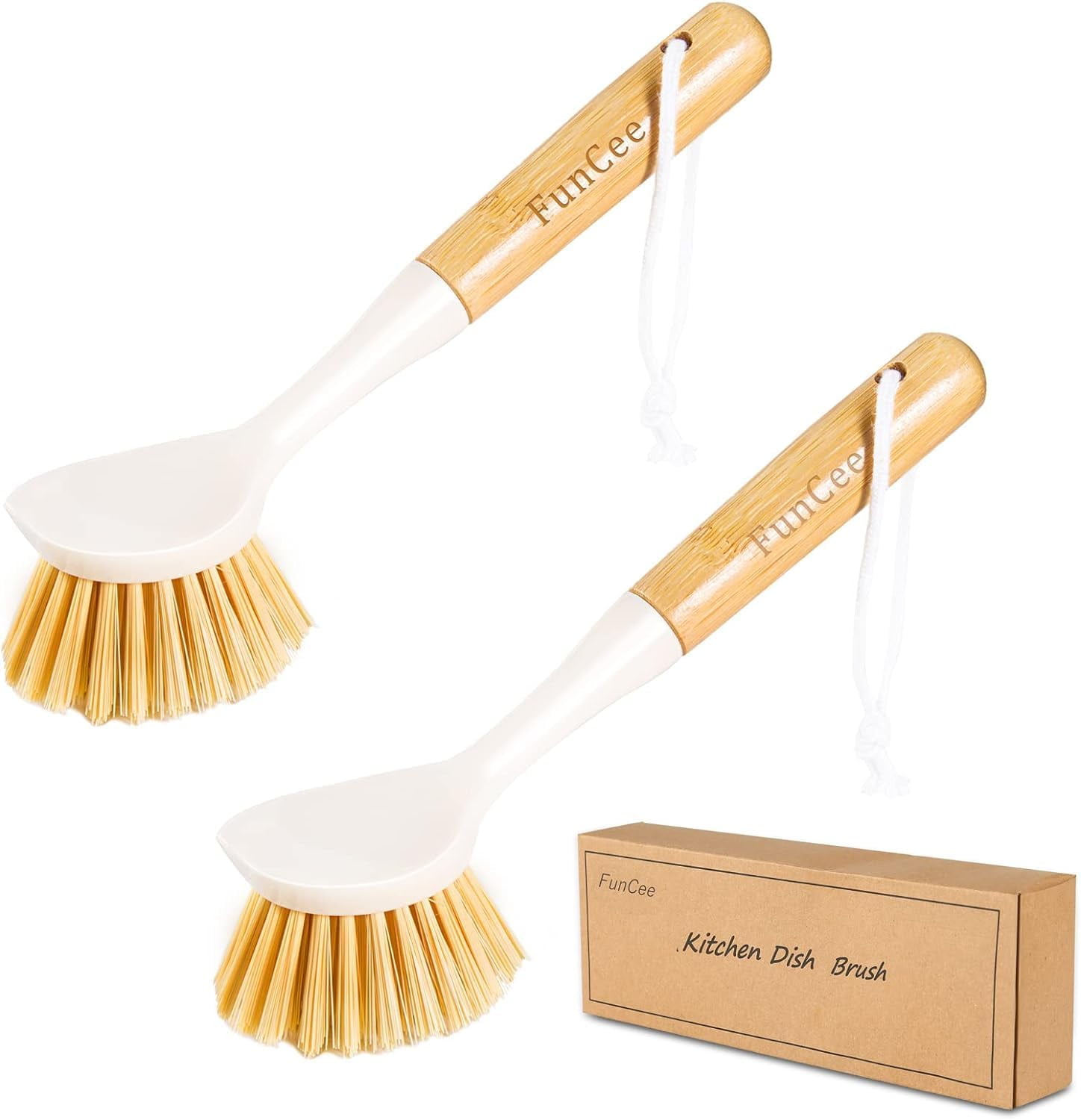 2 Pack Kitchen Dish Brushes with Bamboo Handle, Scrubber Built-in ...