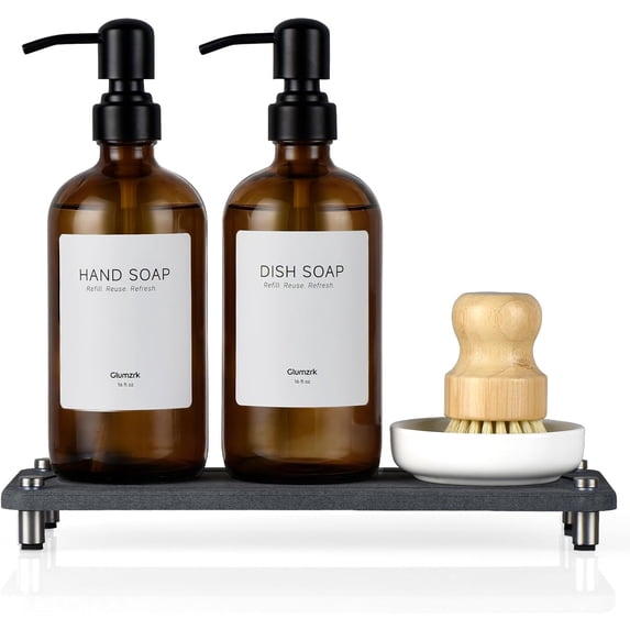 2 Pack Kitchen Soap Dispenser Set - 16oz Amber Glass Dish and Hand Soap ...