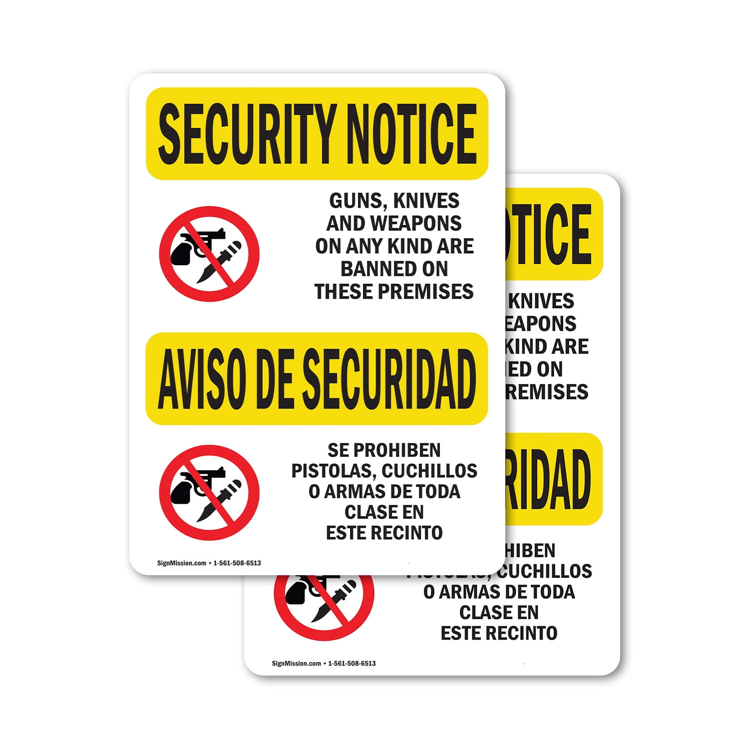 (2 Pack) Knives Weapons Banned Bilingual OSHA Security Notice Sign ...