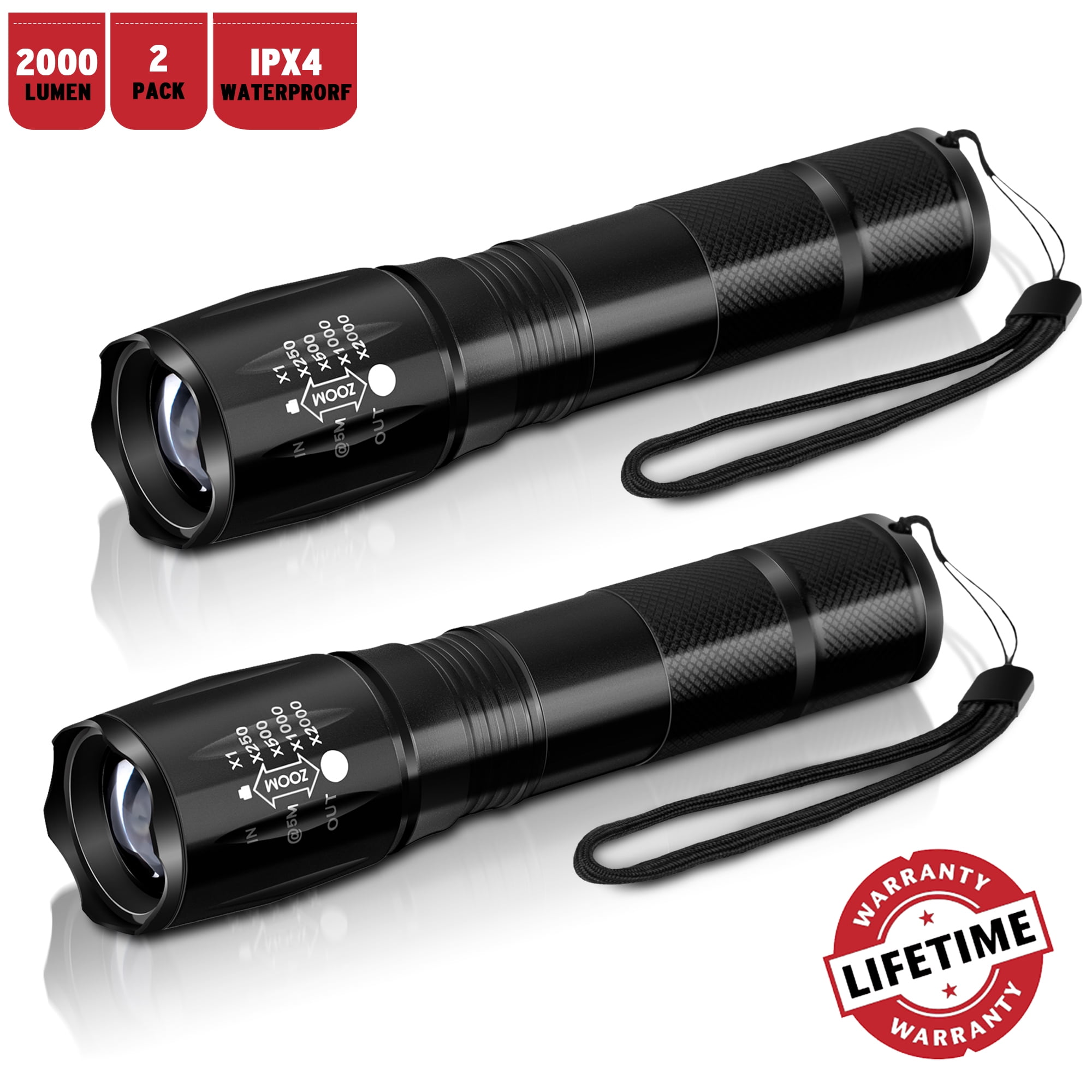 2 Pack LED Tactical Flashlights, 2000 High Lumens Torch, Mini Powerful ...