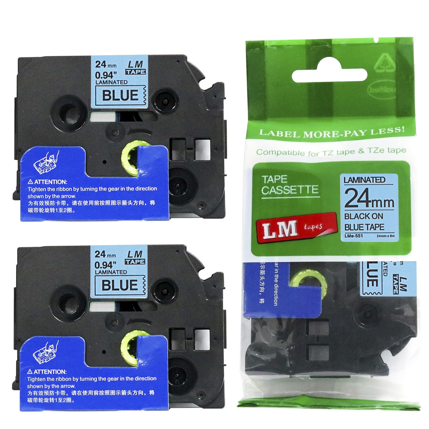 2/Pack LM Tapes - Premium 1" Black Print on Blue Label (24mm 0.94 ...