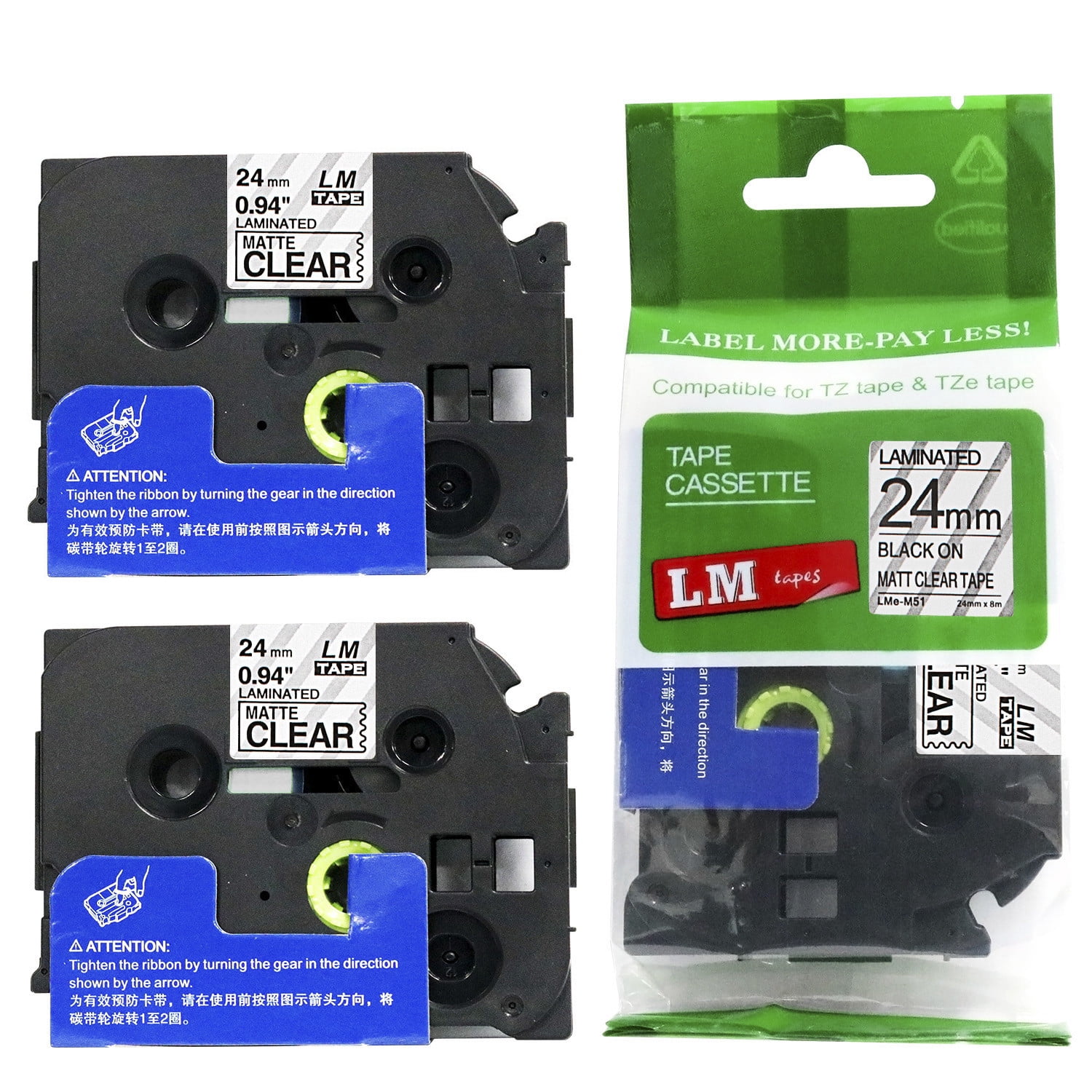 2/Pack LM Tapes - Premium 1" Black Print on Matte Clear Label (24mm 0. ...