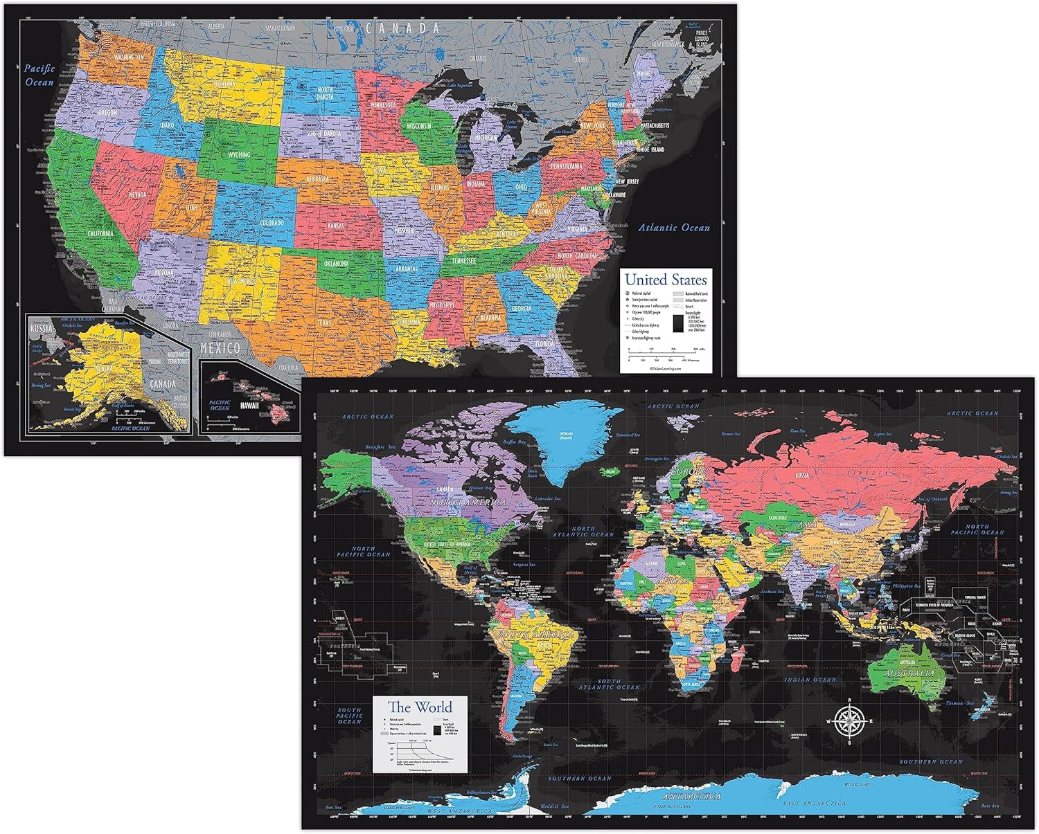 2 Pack - Laminated World & US Map Poster Set - Wall Chart Map of the ...