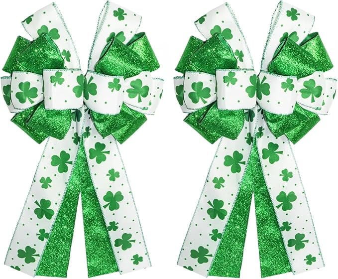 2 Pack Large 11.8"x25" Green St. Patrick's Day Tree Topper Bow with ...