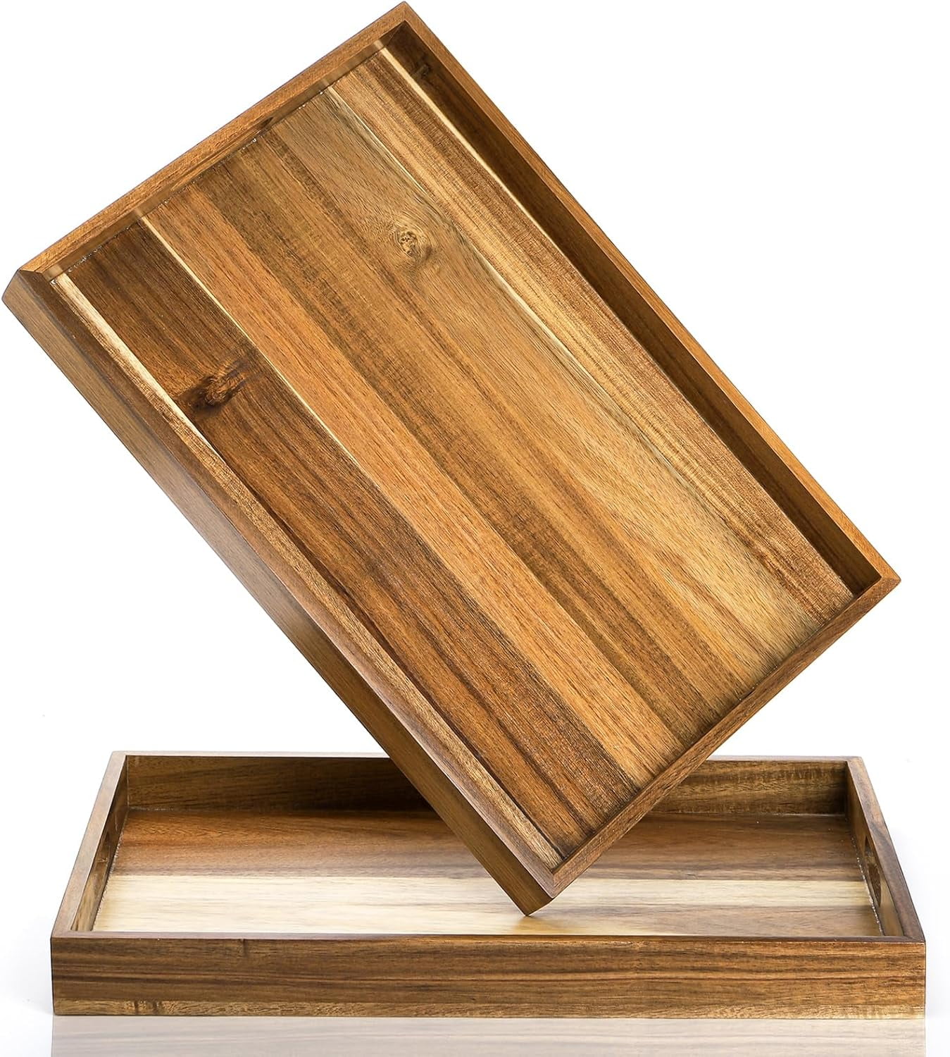 2 Pack Large Acacia Wood Serving Tray with Handles, 17x12 Inch ...