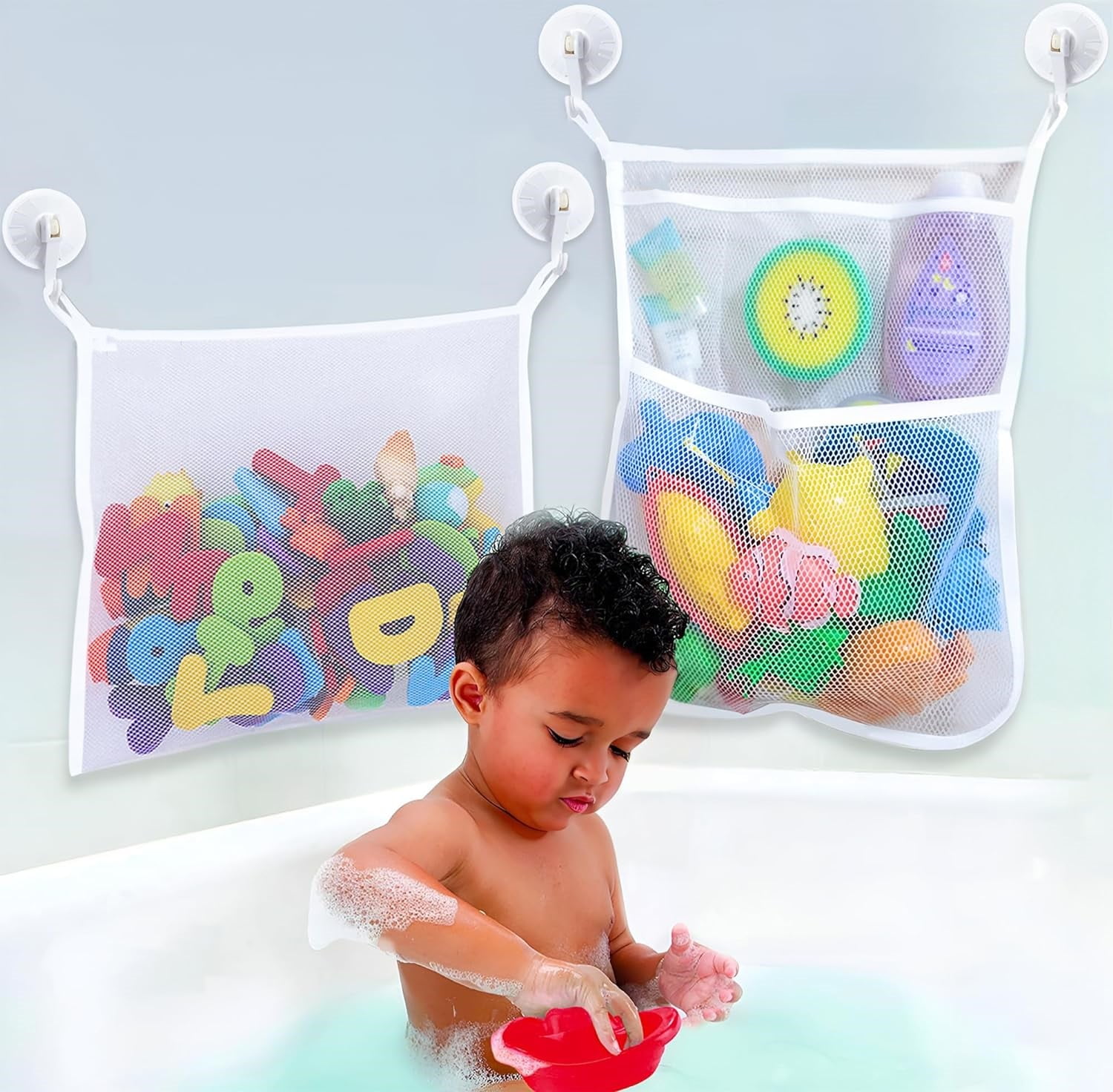 2-Pack Large Bath Toy Organizers with 6 Suction Cups & 4 Hooks ...