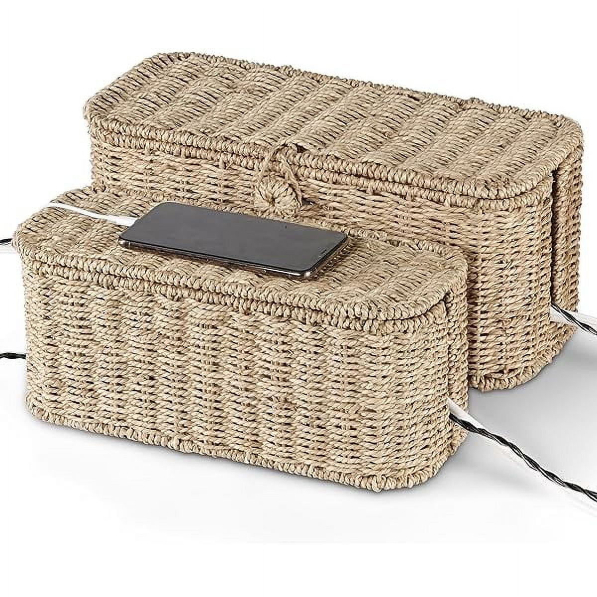 2-Pack Large Cable Management Box, Natural Rattan Cable Cord Organizer ...