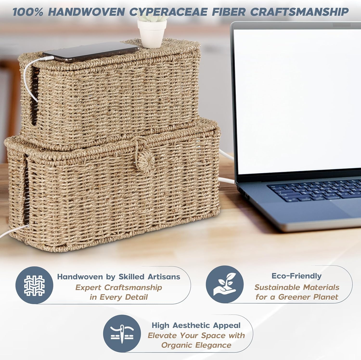 2-Pack Large Cable Management Box, Natural Rattan Cable Cord Organizer ...