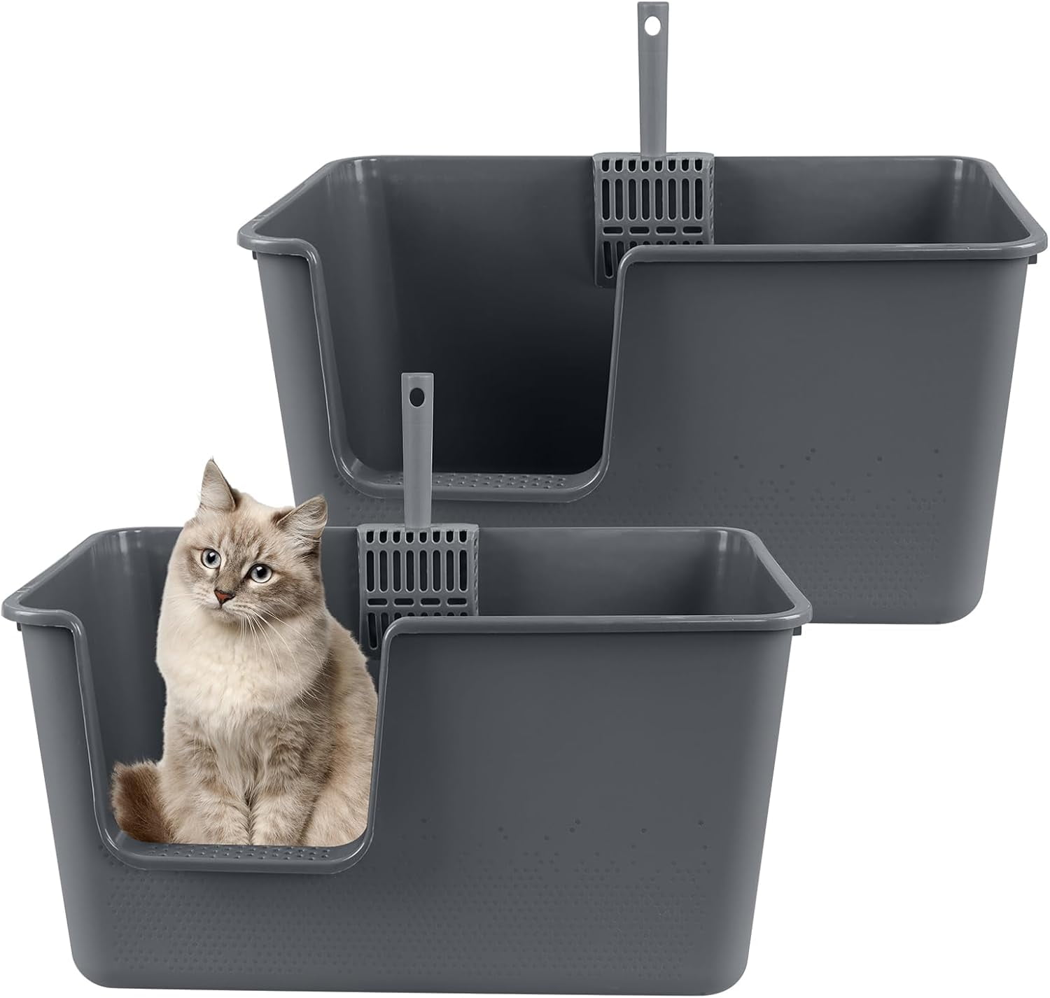 2 Pack Large Cat Litter Boxes with Free Scoops, Plastic High Side Pet ...