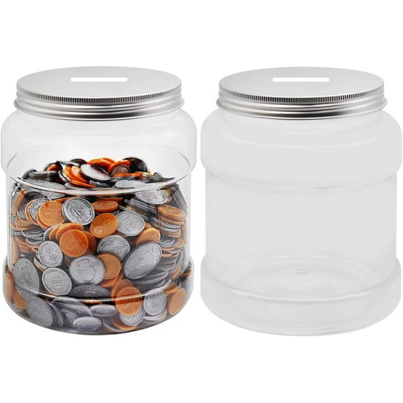 2 Pack Large Clear Coin Bank Jar with Slotted Lid, Big Plastic Money ...