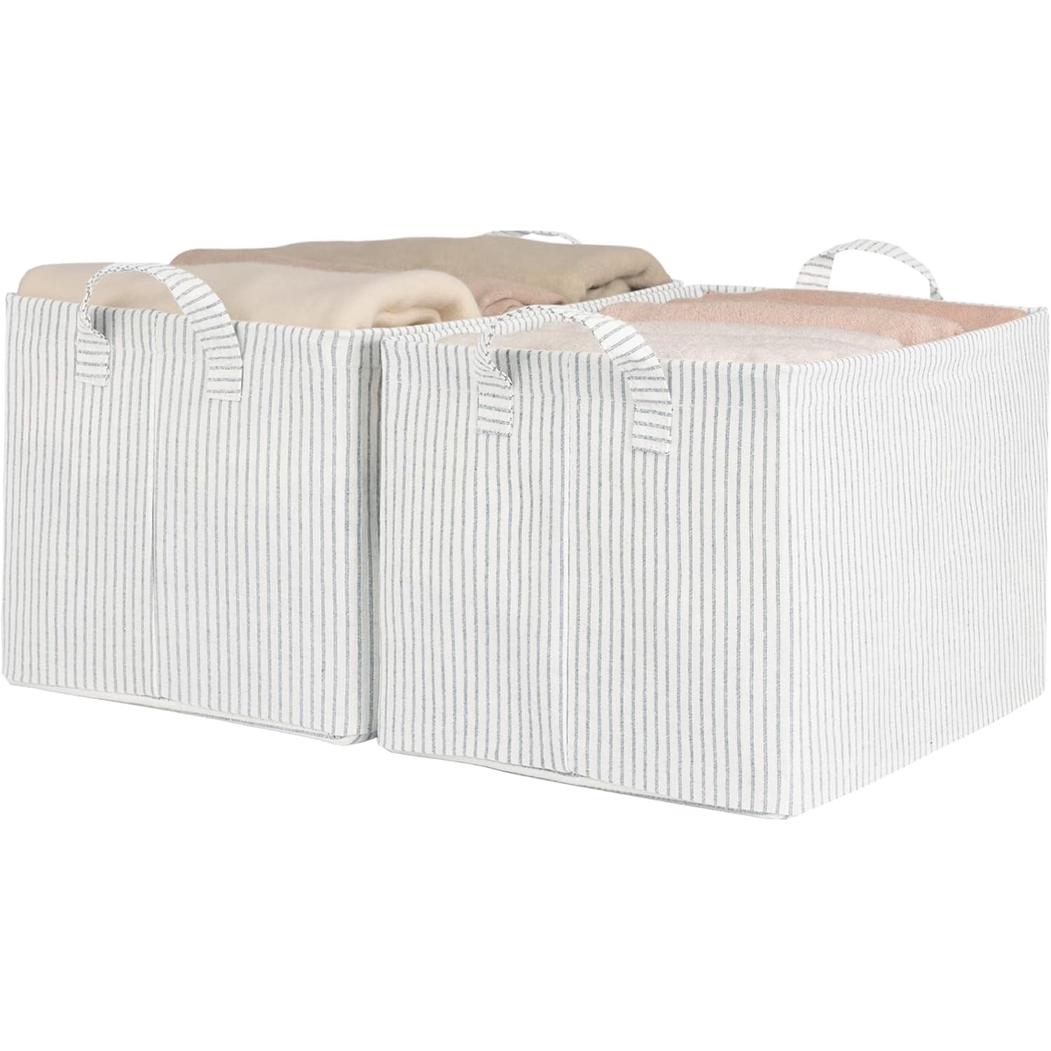 2-Pack Large Fabric Storage Bins for Shelves, Khaki and Beige Striped ...