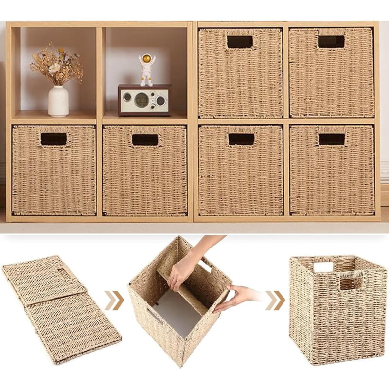 2-Pack Large Foldable Wicker Storage Baskets with Metal Frame, Hand ...