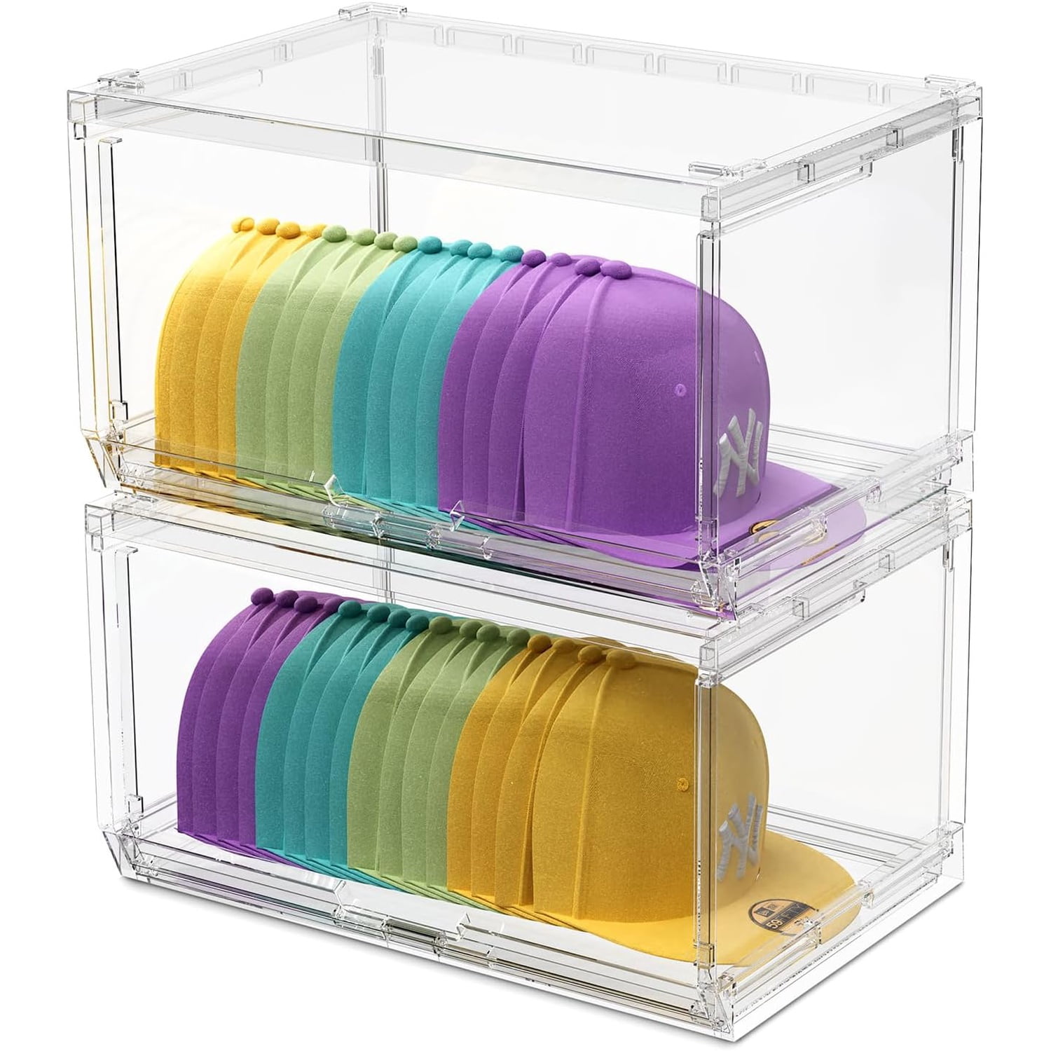 2 Pack Large Hat Organizer Box, Stackable Clear Baseball Caps Holder ...