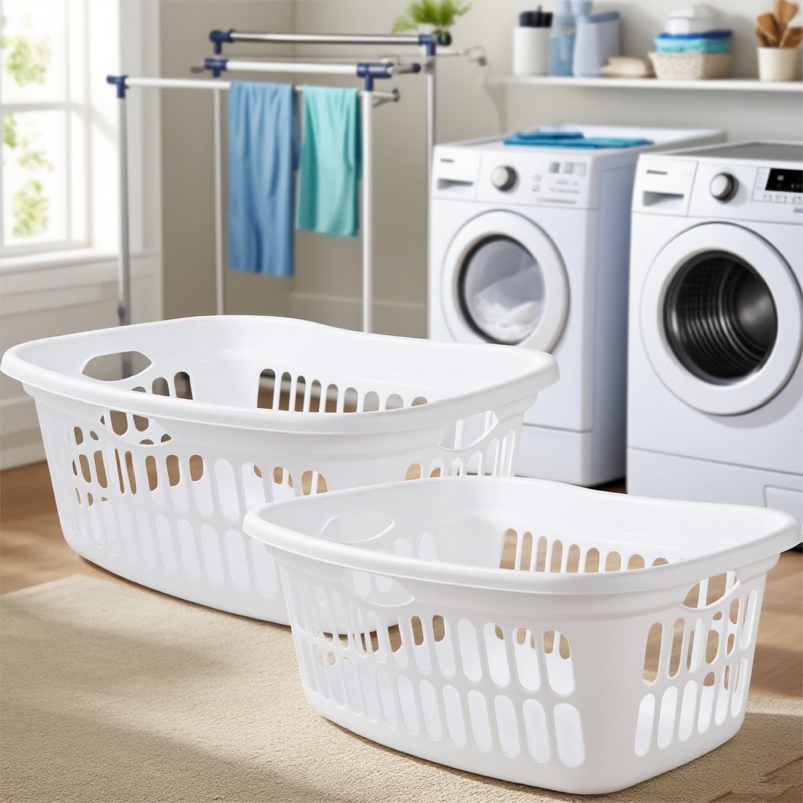2 Pack Large Hip-Hugger Laundry Basket/Hamper, 50L (1.5 Bushel), White ...