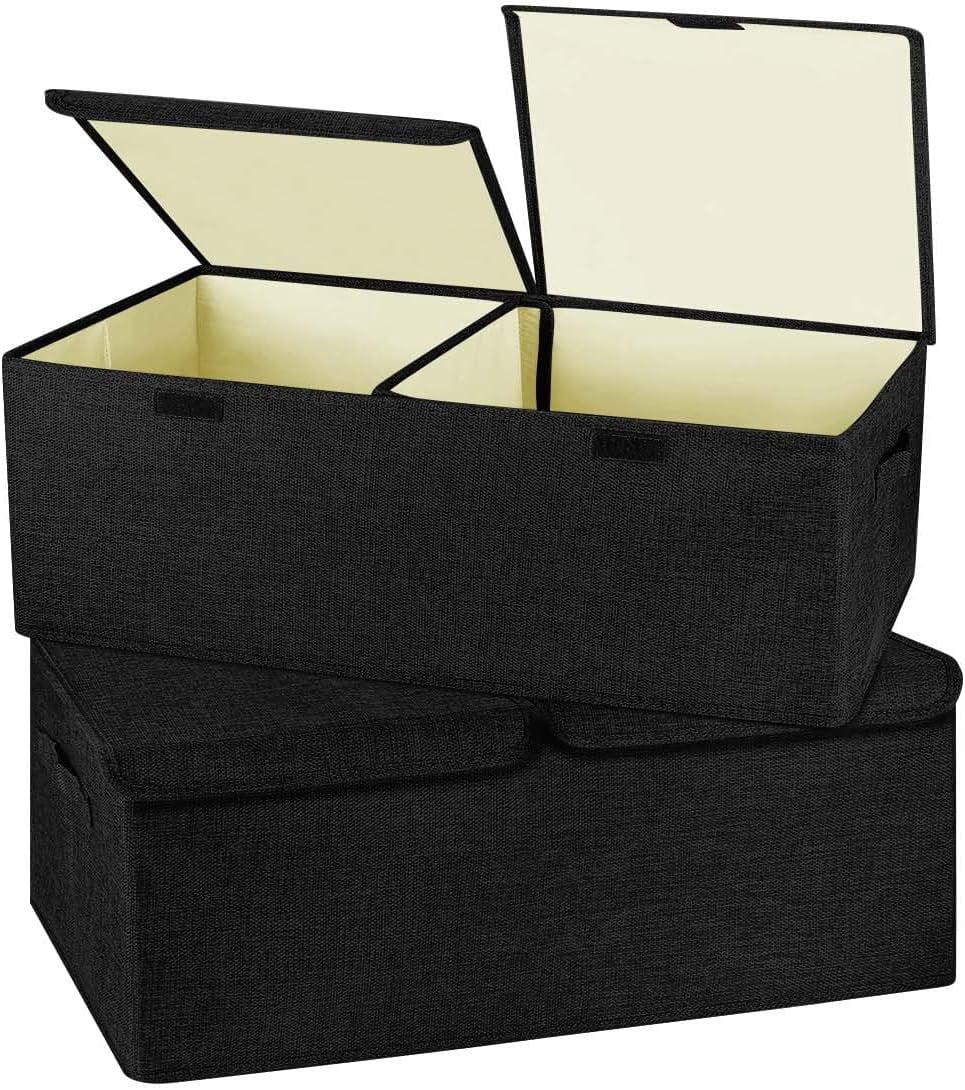 2 Pack Large Linen Fabric Collapsible Storage Bins with Lid and Handles ...