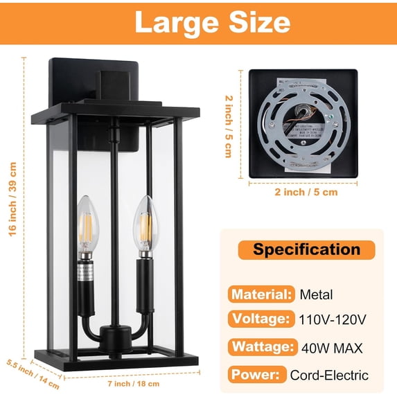 2-Pack Large Outdoor Wall Light, 16" Exterior Lighting Fixtures Wall ...