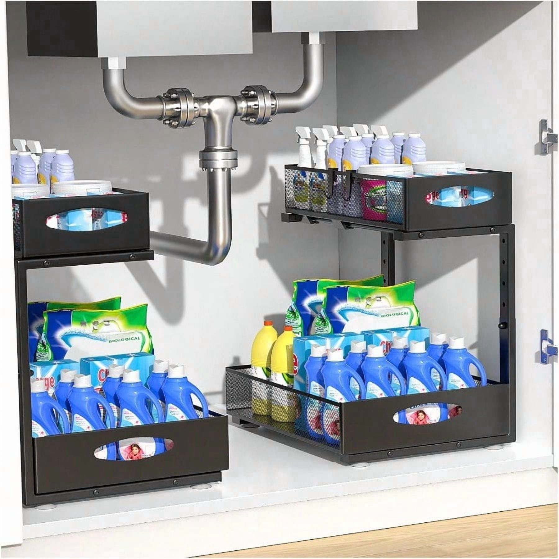 2 Pack Large Under Sink Organizer 2 Tier Metal Pull Out Under Sink ...